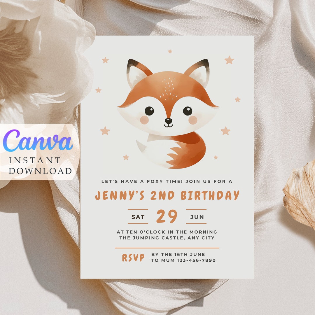 Baby Fox Invitation 2nd Birthday Party Cute Fox Invite Woodland Animals ...