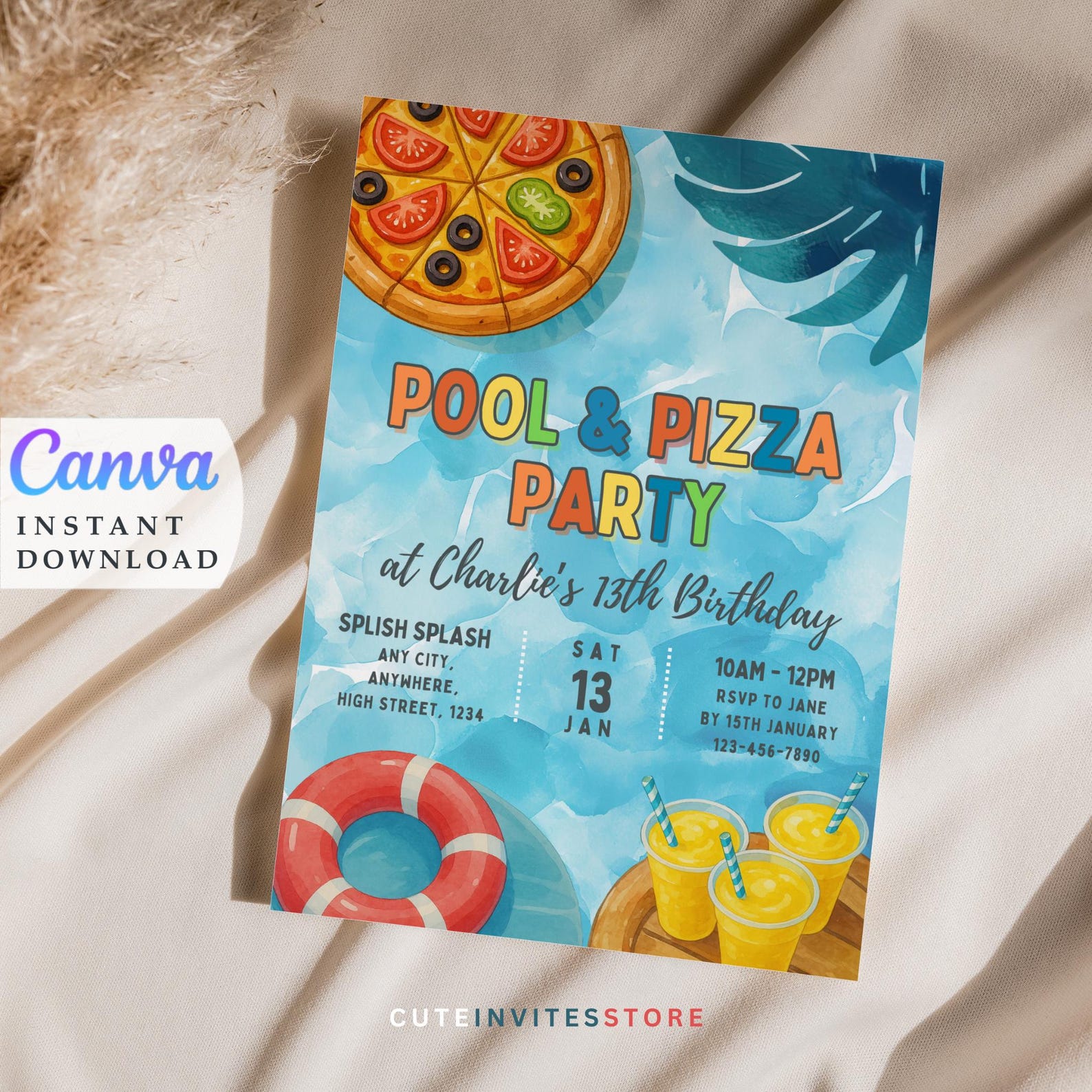 Pizza Pool Party Invitation: Editable Summer Birthday Template (digital ...
