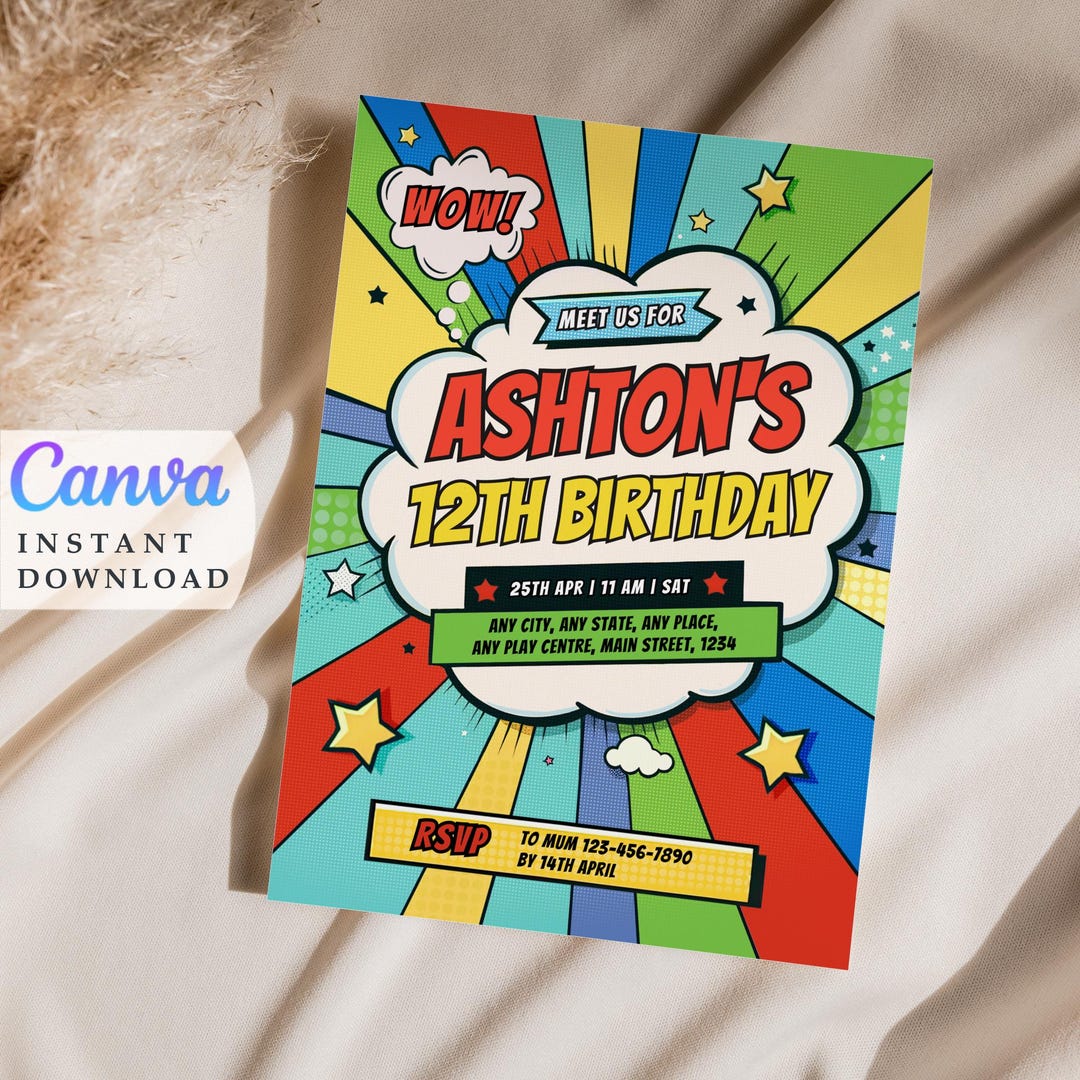 Pop Art Invitation Boys 12th Birthday Party Comic Theme Party Cool Boys ...