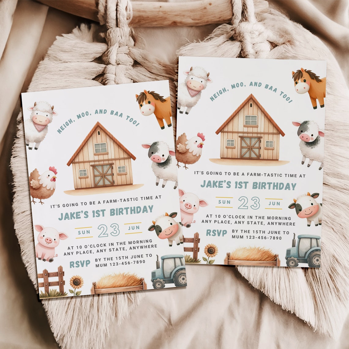 Boy Farm 1st Birthday Farm Animals Invite Editable Template Tractor ...