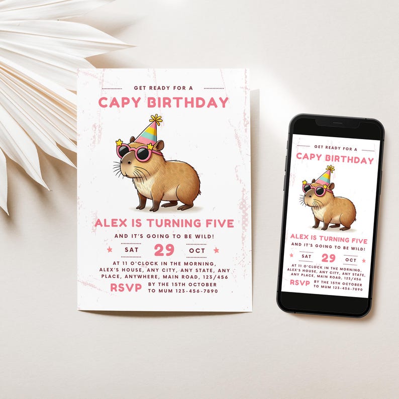 Invitación imprimible de capibara Plantilla de invitación de cumpleaños ...