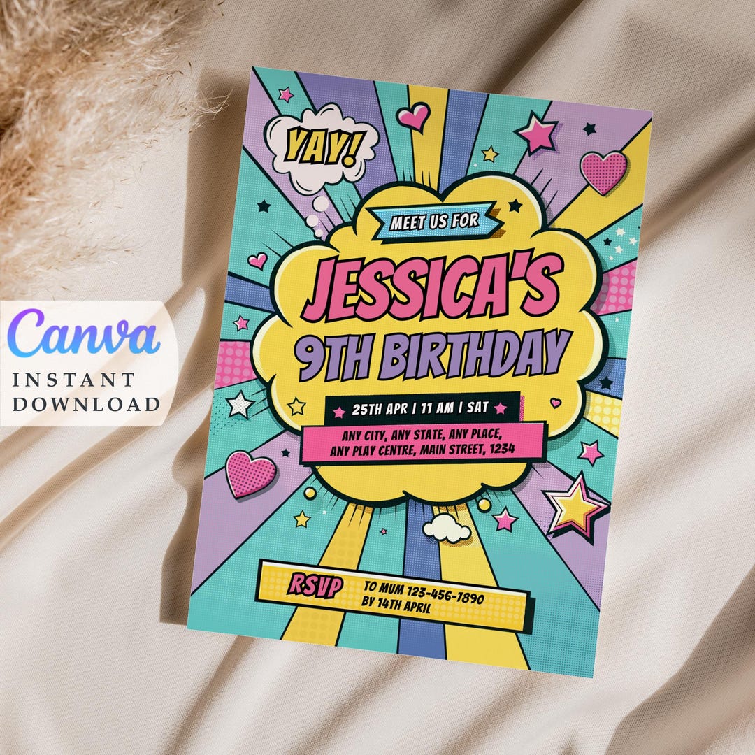 Birthday Pop Art Invite Girls 9th Party Colorful Invitation, Comic ...