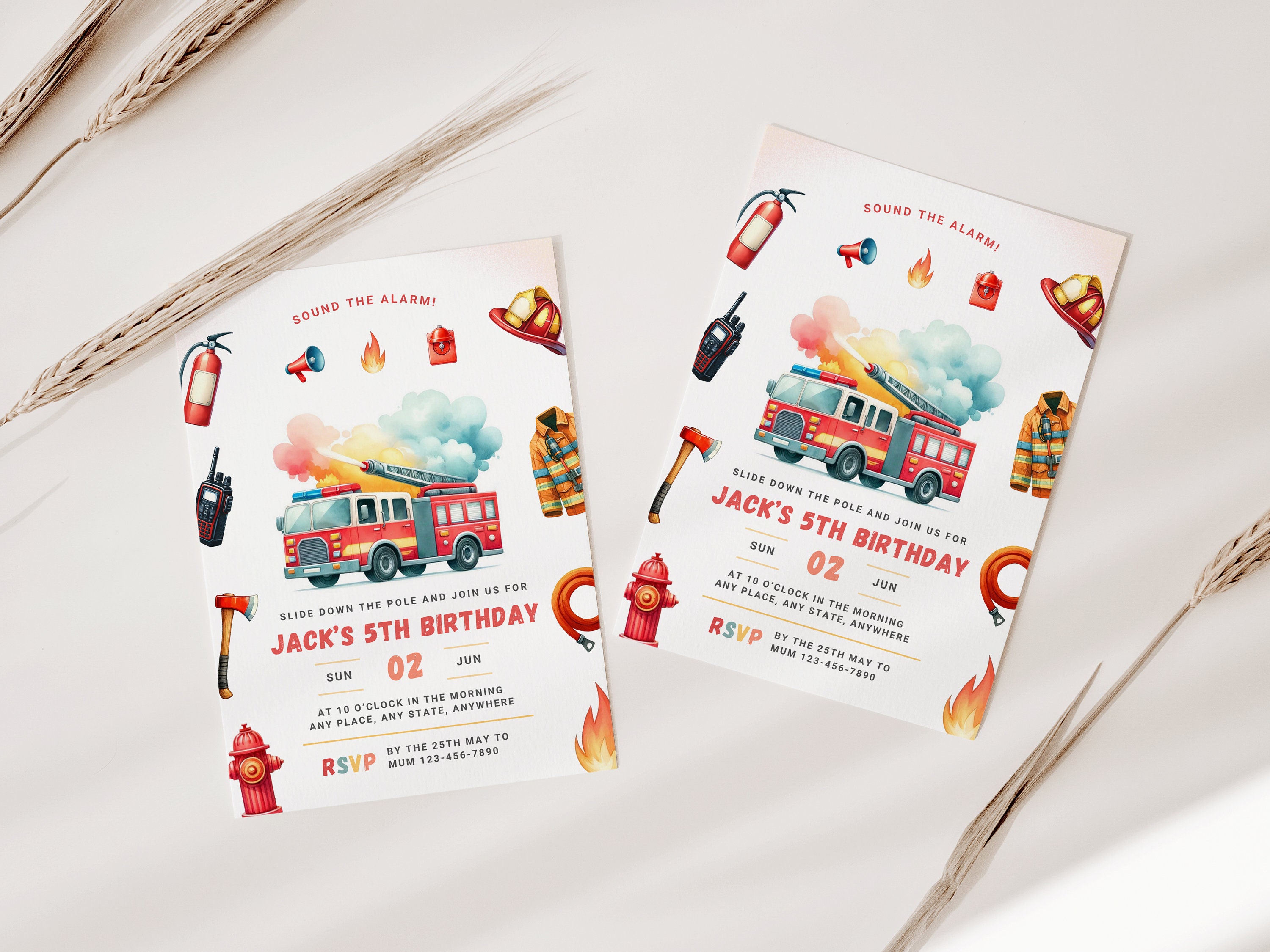 Fire Truck Invitation Boy's 5th Birthday Fire Engine Card Firefighter ...