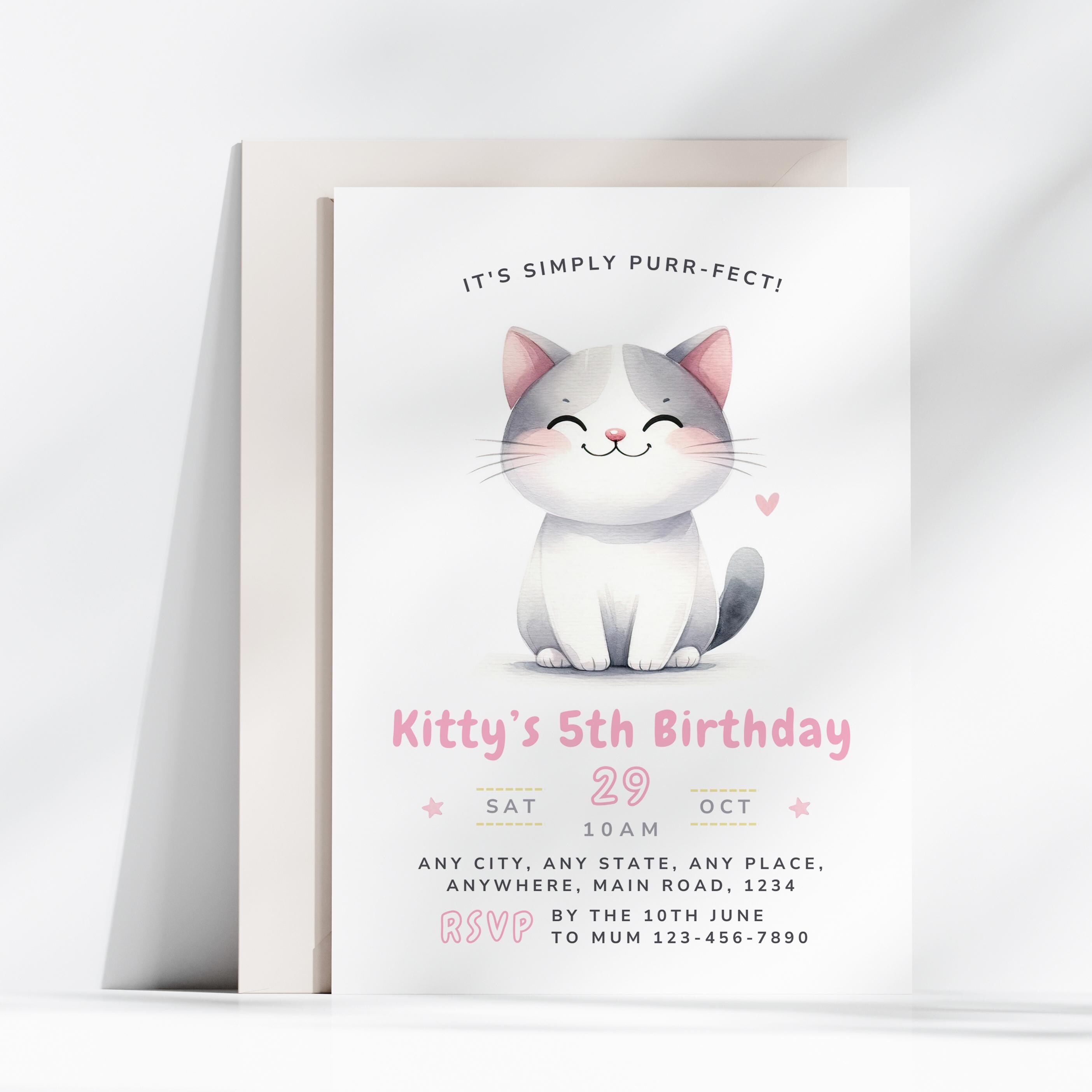Cat Party Invitation Cute Kitten Party Kitty Cat Birthday Editable ...