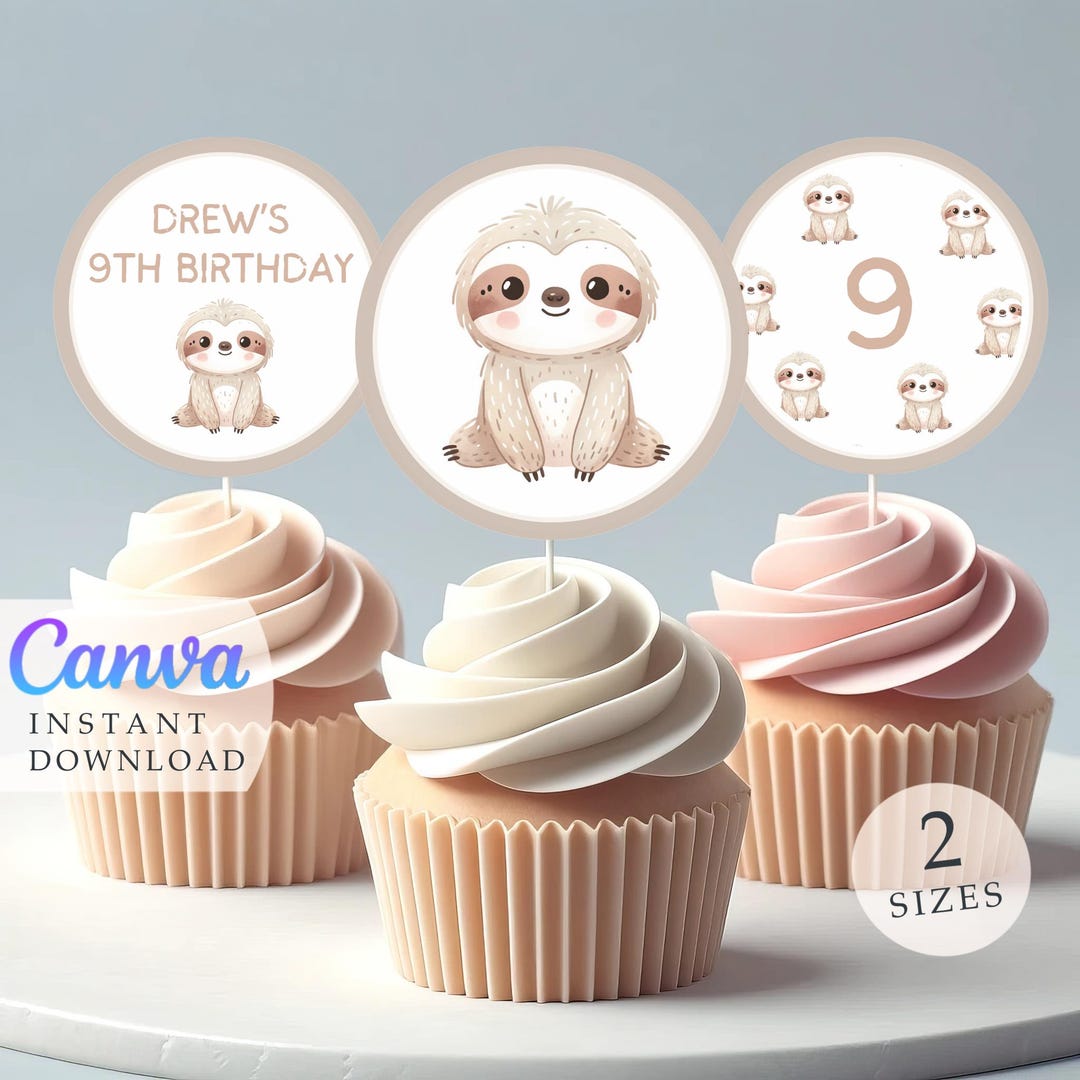 Cute Sloth Toppers Kids Birthday Party Sloth Cupcake Printable Toppers ...