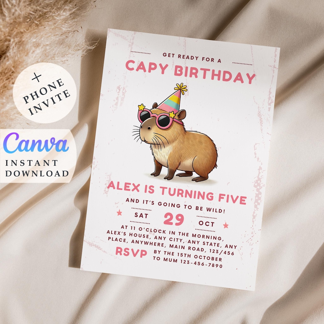 Capybara Printable Invitation Capy Birthday Invite Template Capybara ...