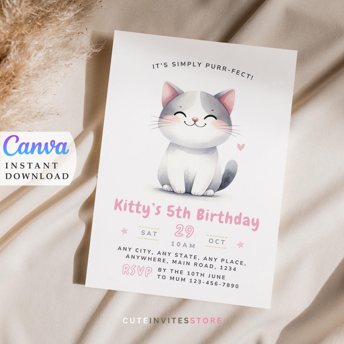 Cat Party Invitation Cute Kitten Party Kitty Cat Birthday Editable ...