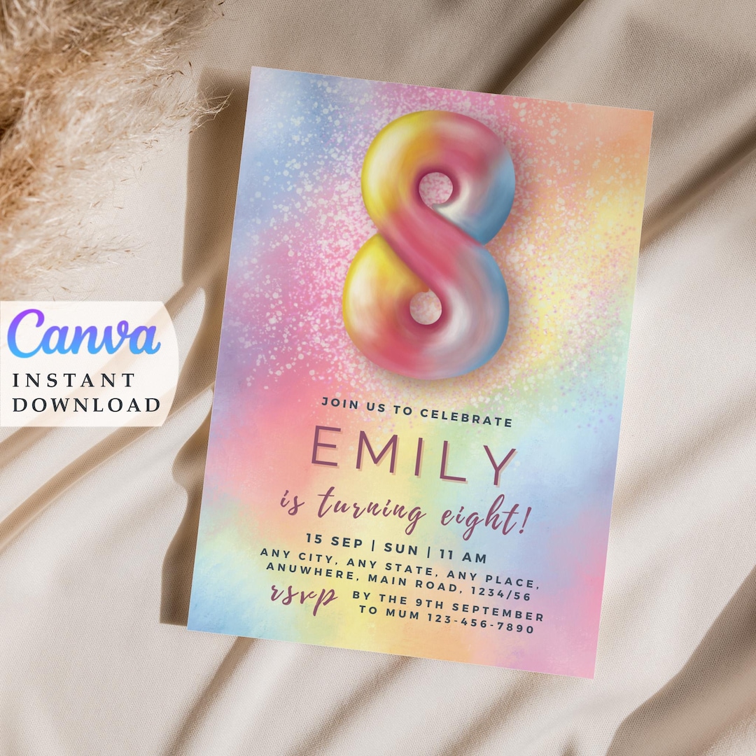 8th Birthday Invite | Pink Glitter 8th Bday Party | Bday Balloon ...