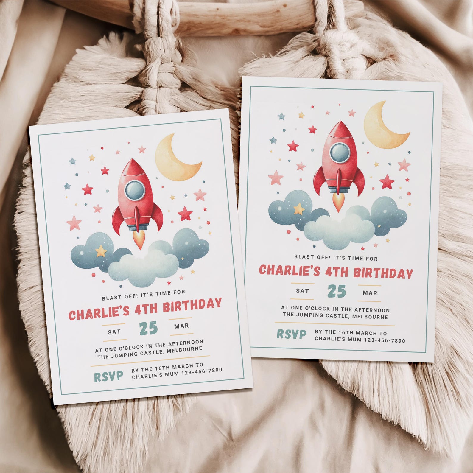 4th Birthday Space Rocketship Birthday Boys Party Invite 3 2 1 Blast ...