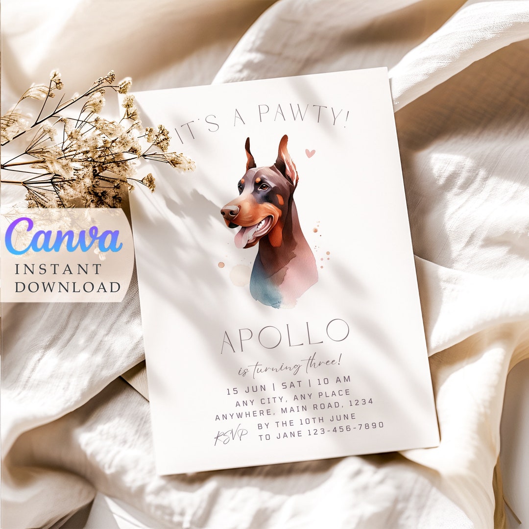 Doberman Paw Party Editable Dog Invite Furry Friend Invite Dog ...