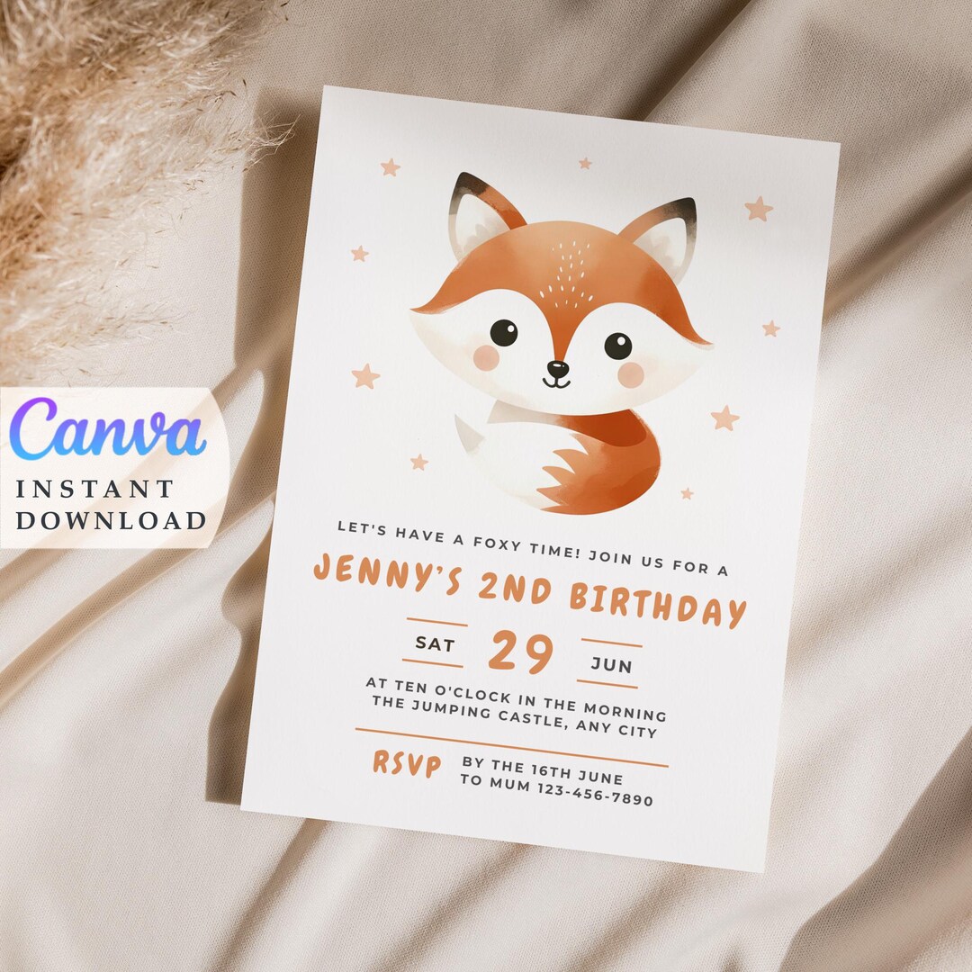 Baby Fox Invitation 2nd Birthday Party Cute Fox Invite Woodland Animals ...