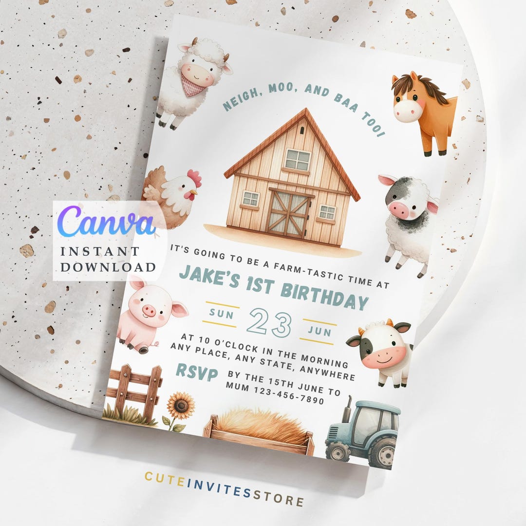 Farm Birthday Party: Invitation Printable, Editable Template (digital ...