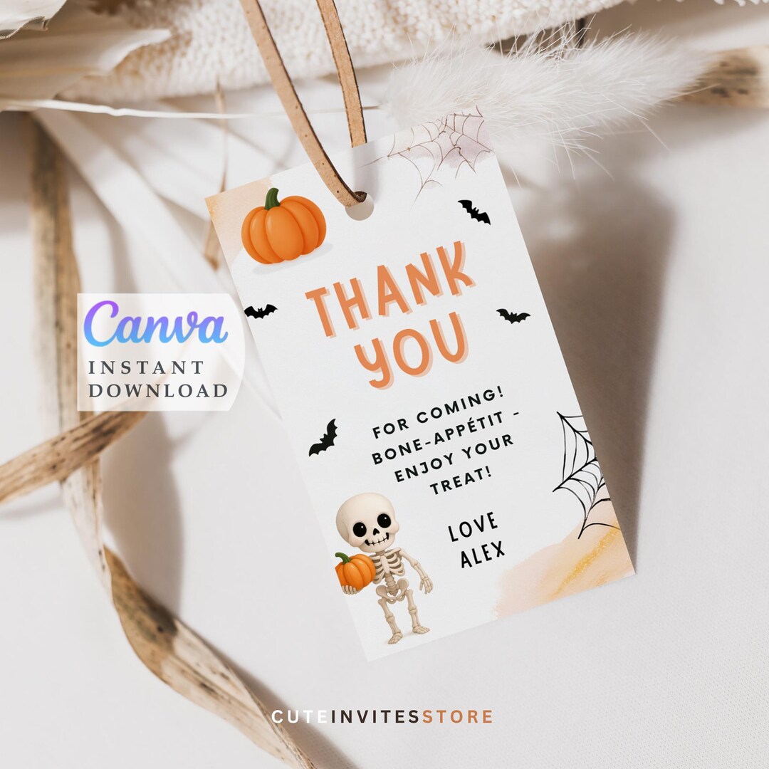 Halloween Birthday Thank You Tags: Spooky Skeleton Party Favors (canva ...