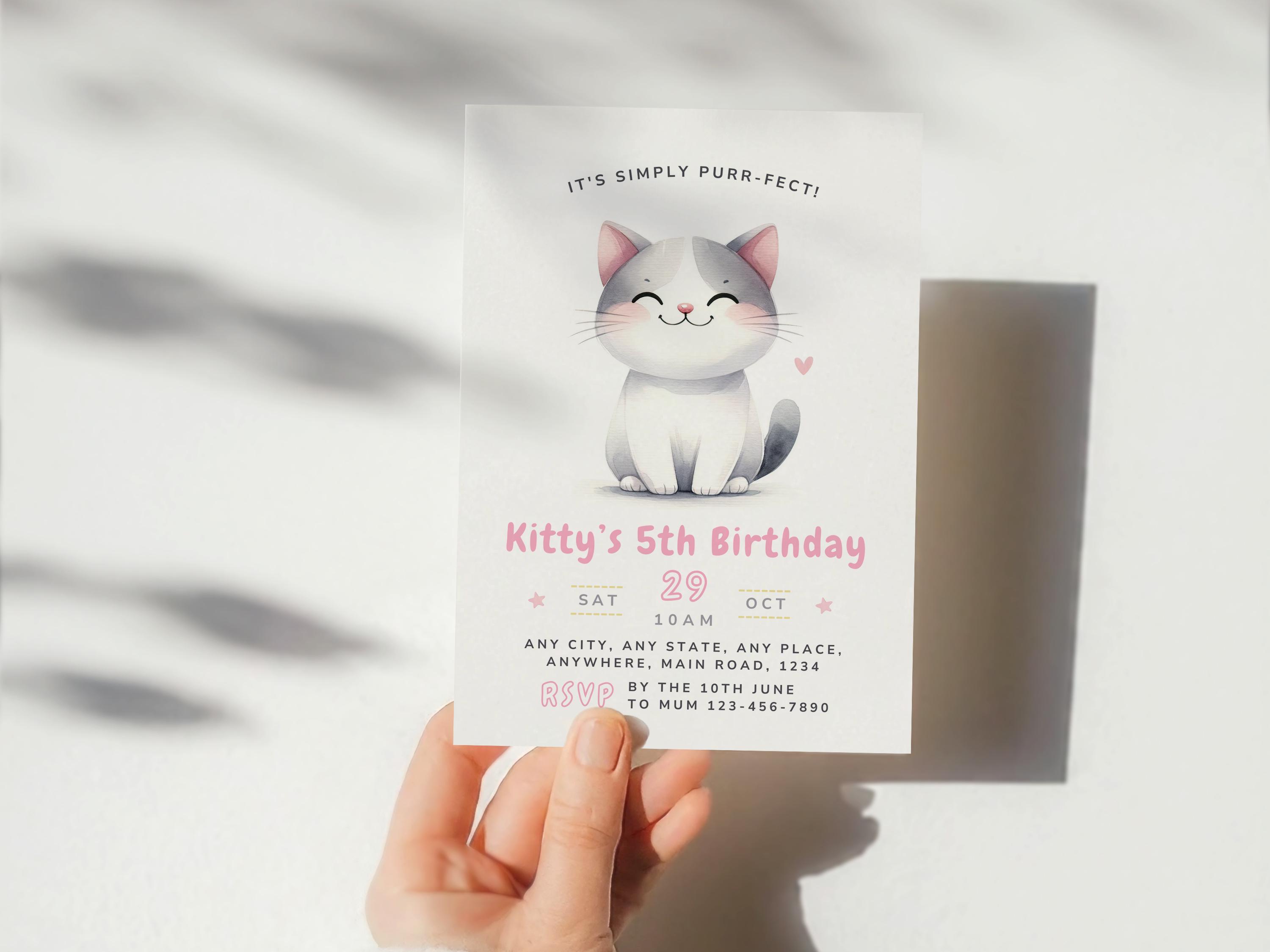 Cat Party Invitation Cute Kitten Party Kitty Cat Birthday Editable ...