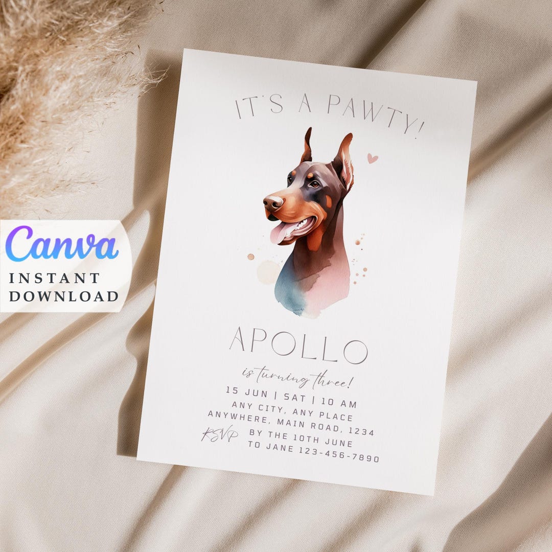Doberman Paw Party Editable Dog Invite - Furry Friend Invite Dog ...