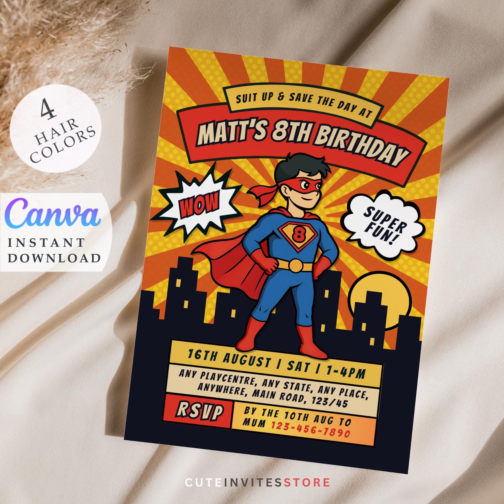 Super Hero Party Printable Invitation Template Comic Book Invite ...