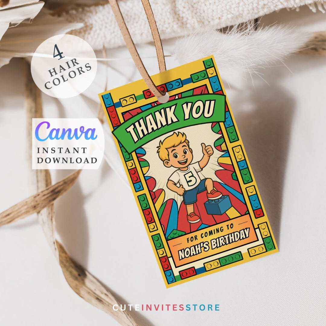 Building Blocks Party Favor Tags: Editable Birthday Thank You (digital ...
