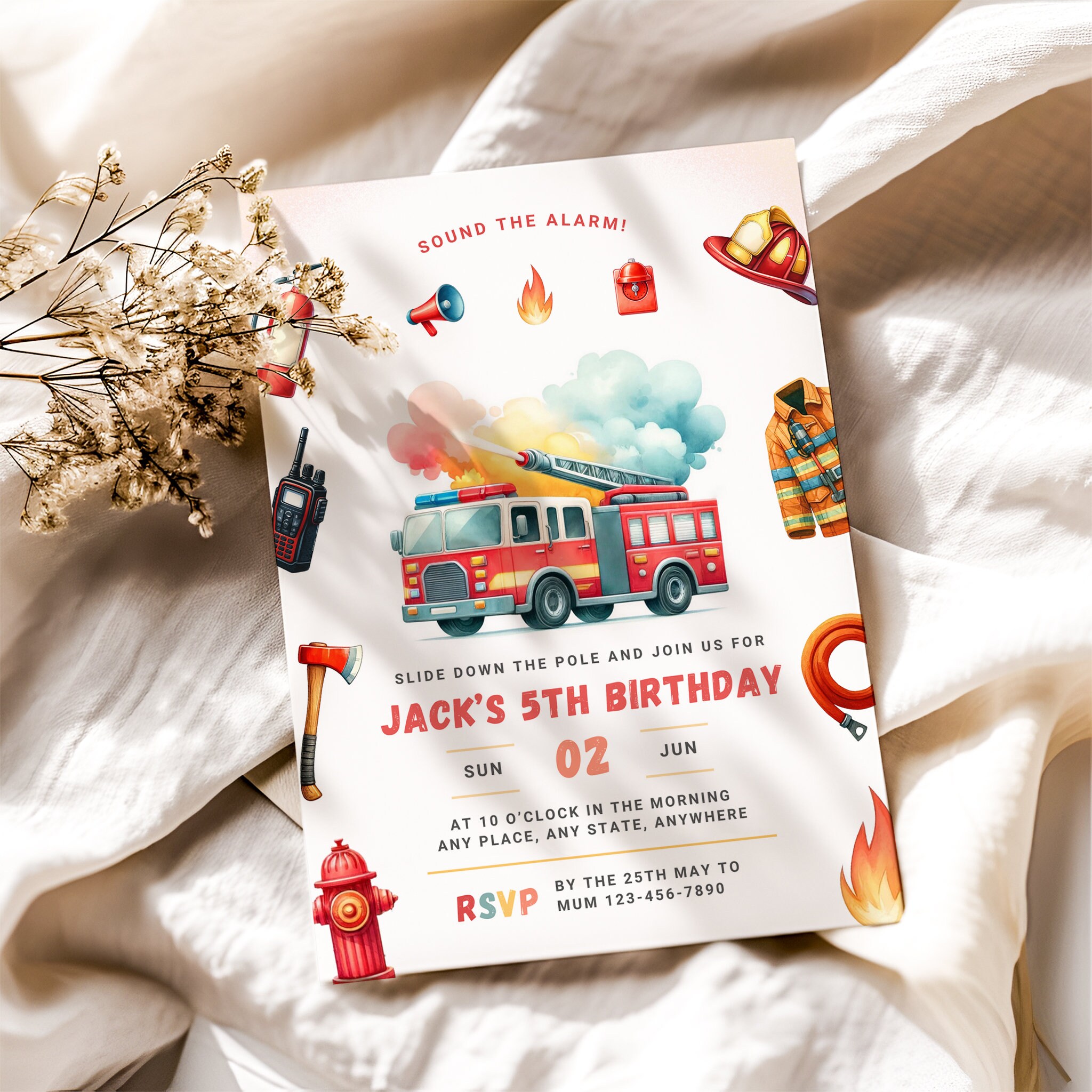 Fire Truck Invitation Boy's 5th Birthday Fire Engine Card Firefighter ...