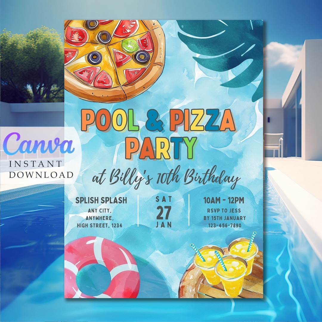 Pizza and Pool Party Invite Summer Pool Party Birthday Editable ...