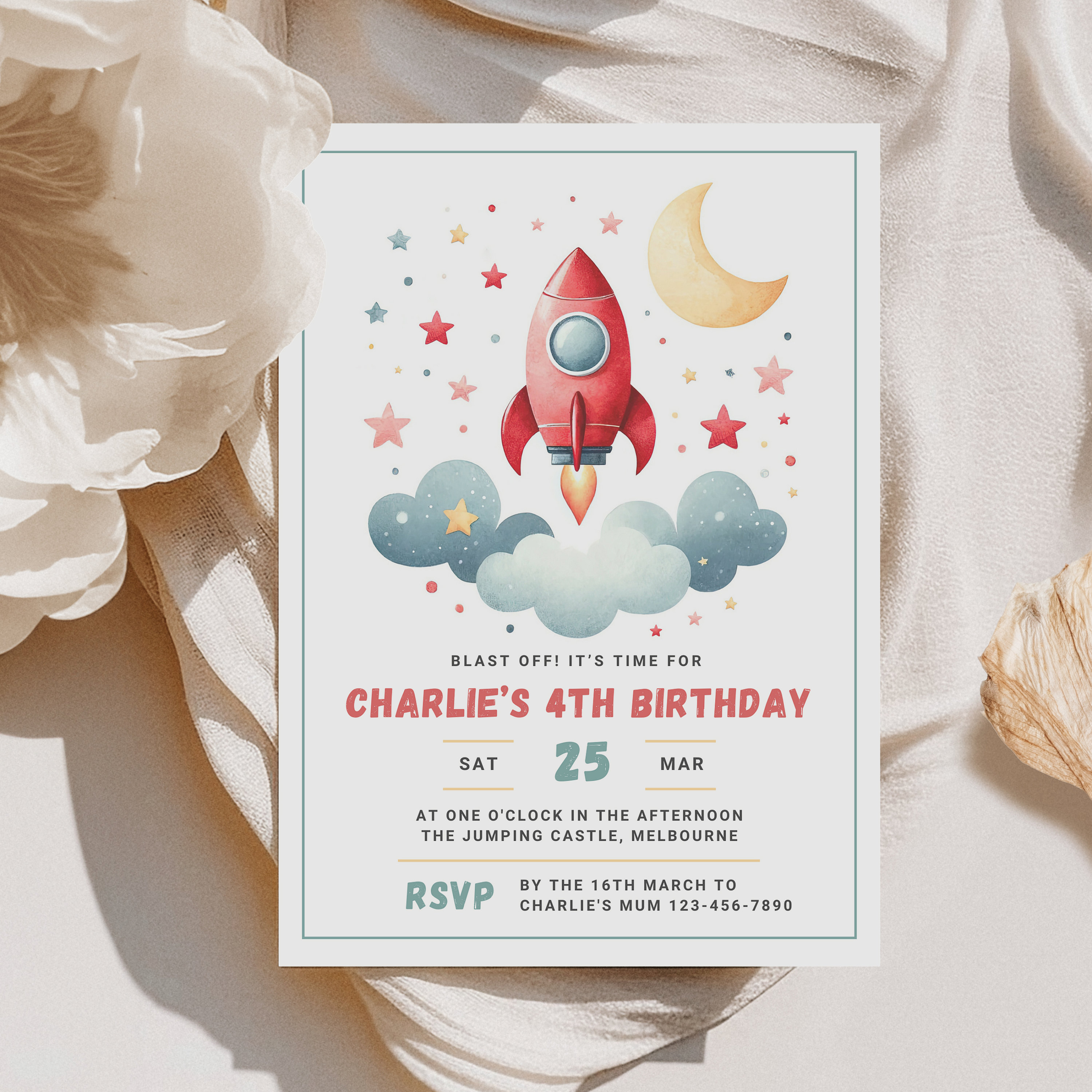 4th Birthday Space Rocketship Birthday Boys Party Invite 3 2 1 Blast ...