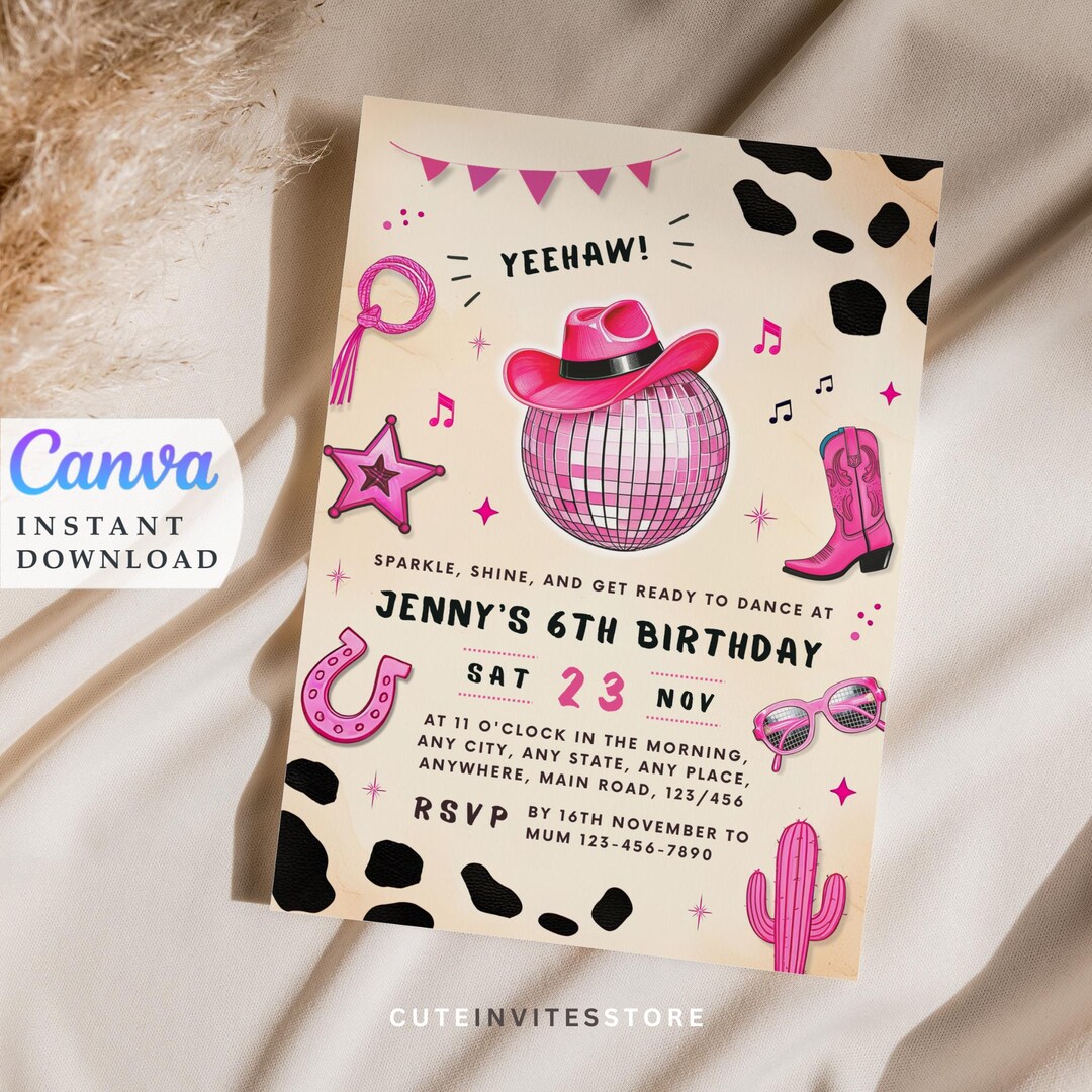 Pink Disco Cowgirl Birthday Invitation: Editable Party Template ...