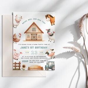Boy Farm 1st Birthday Farm Animals Invite Editable Template Tractor ...