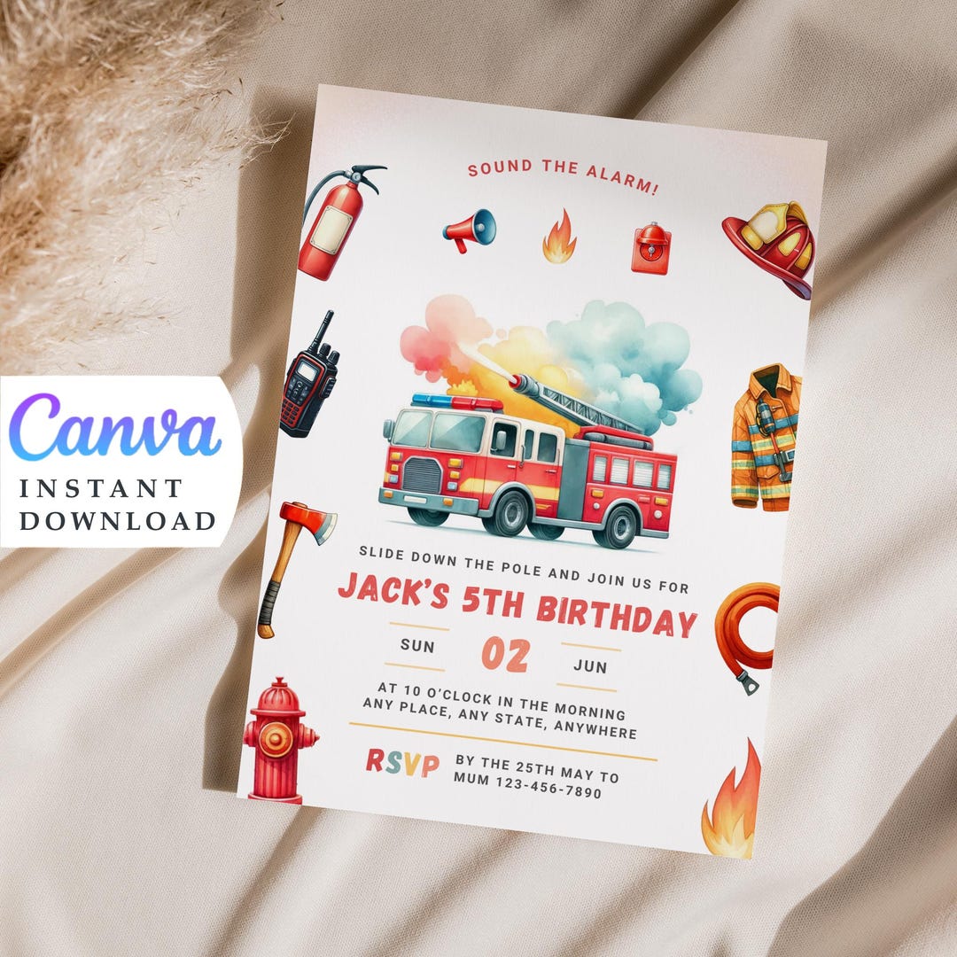 Fire Truck Invitation Boy's 5th Birthday Fire Engine Card Firefighter ...