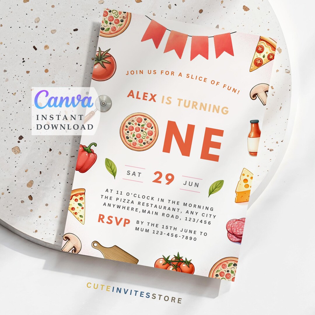Pizza 1st Birthday Invitation: Slice of Fun, Editable Template (digital ...