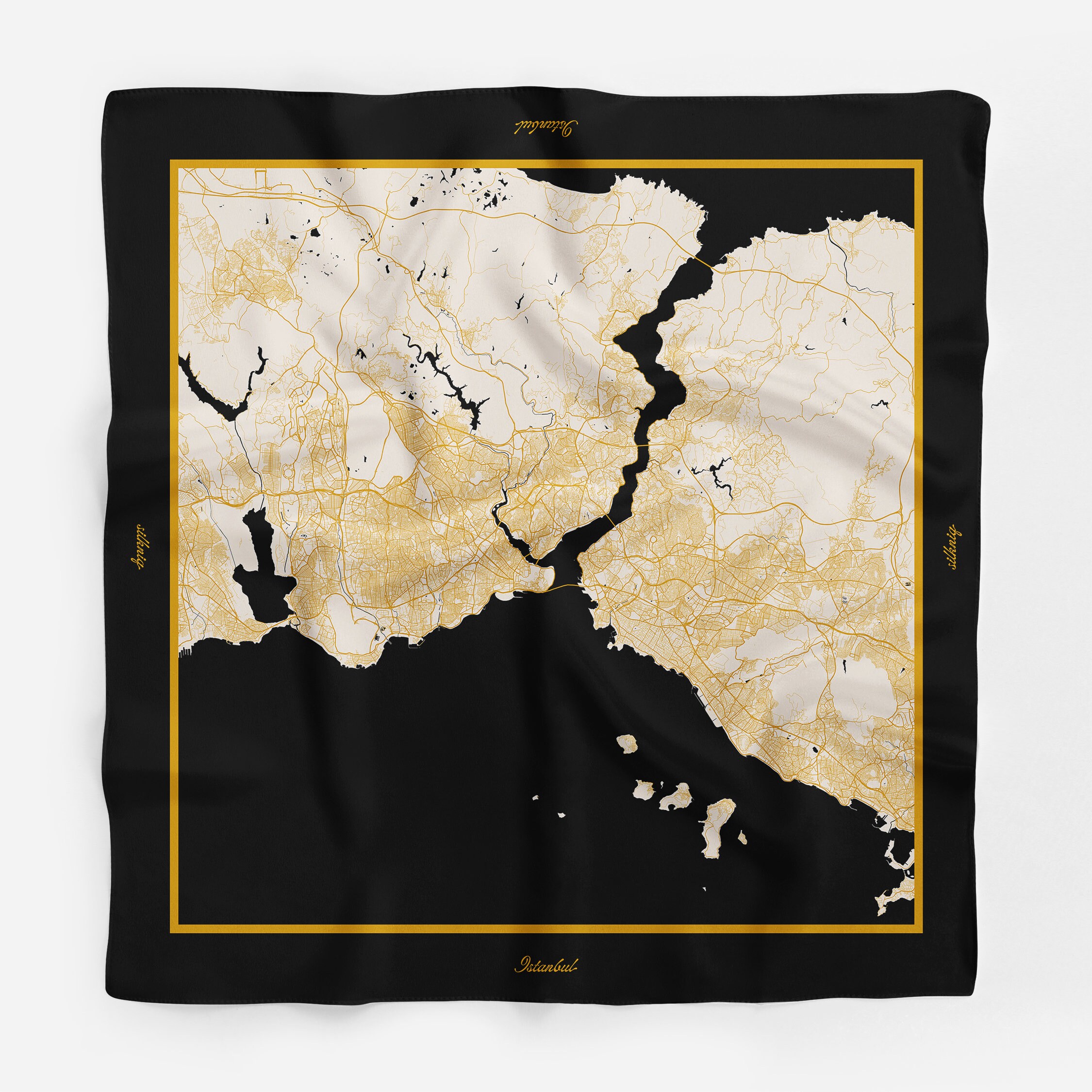 Istanbul City Map Silk Scarf, Gold & Black Chic Silk Foulard, Istanbul ...