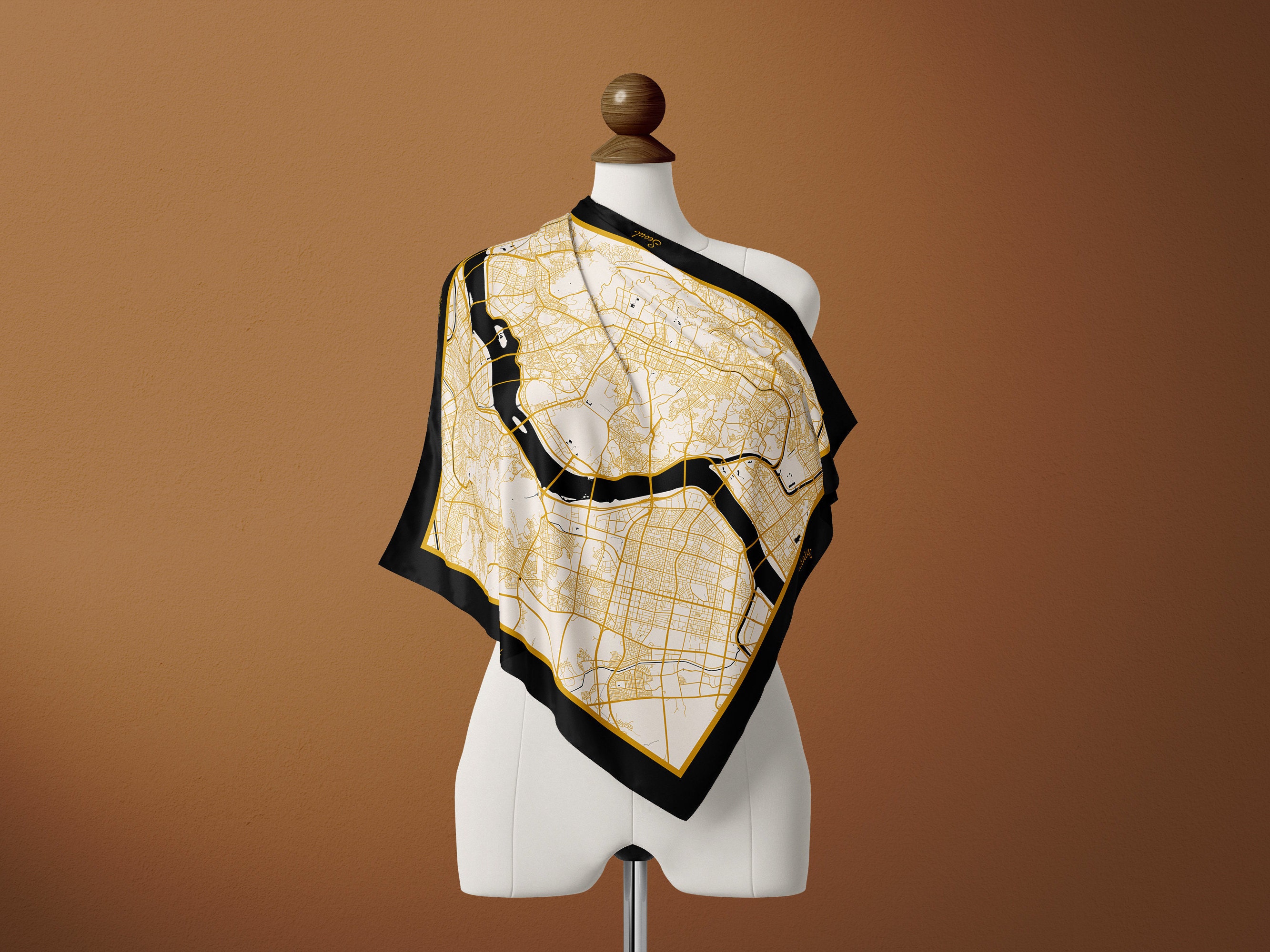 Seoul Atlas Silk Scarf Gold & Black Modern Chic City Map - Etsy
