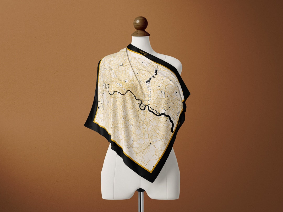 London City Map Silk Scarf, Gold & Black Modern Chic Silk Foulard ...