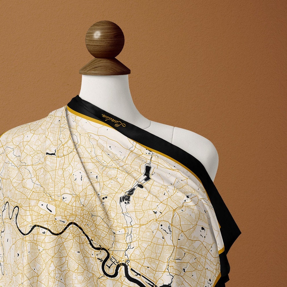 London City Map Silk Scarf, Gold & Black Modern Chic Silk Foulard ...