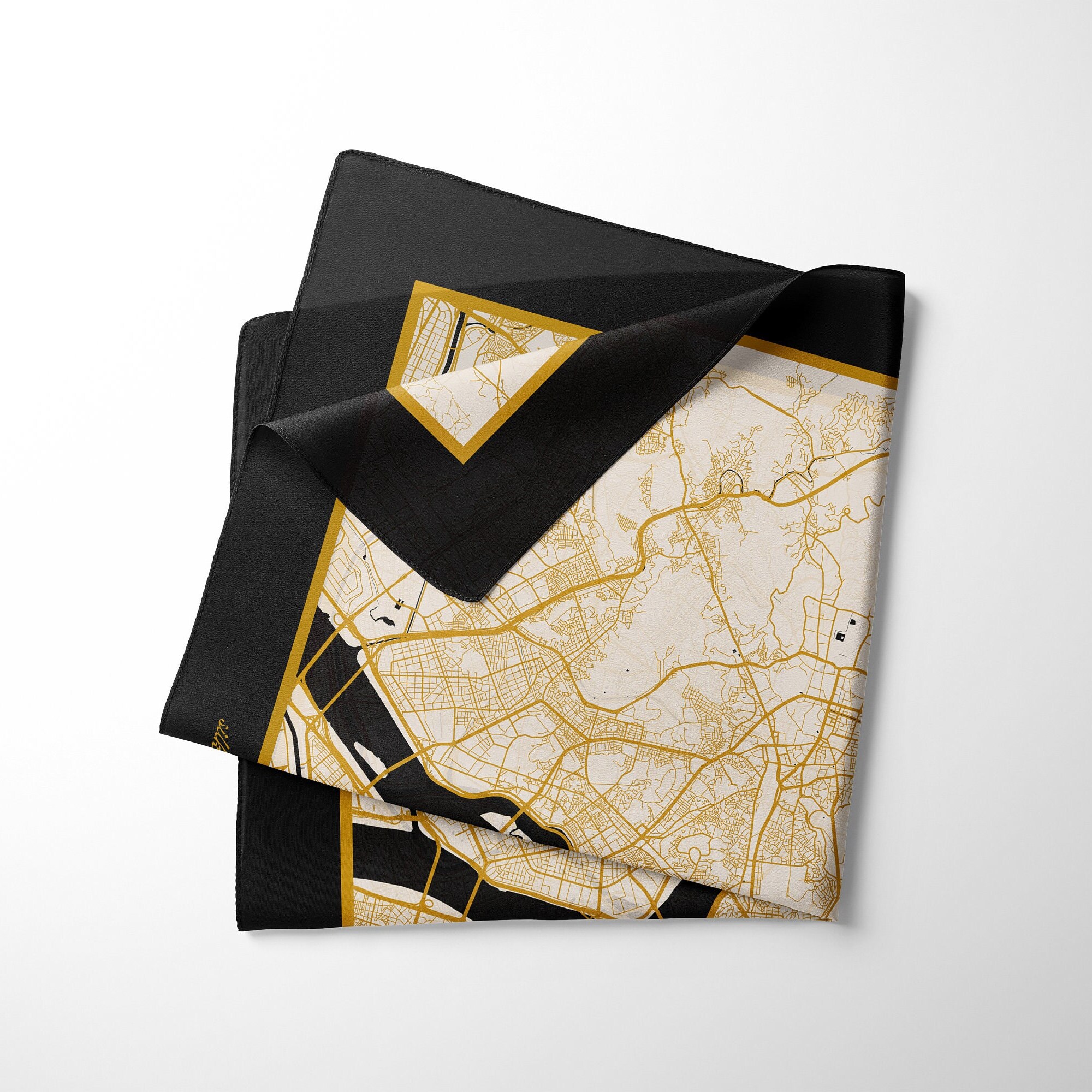 Seoul Atlas Silk Scarf | Gold & Black Modern Chic City Map Bandana ...