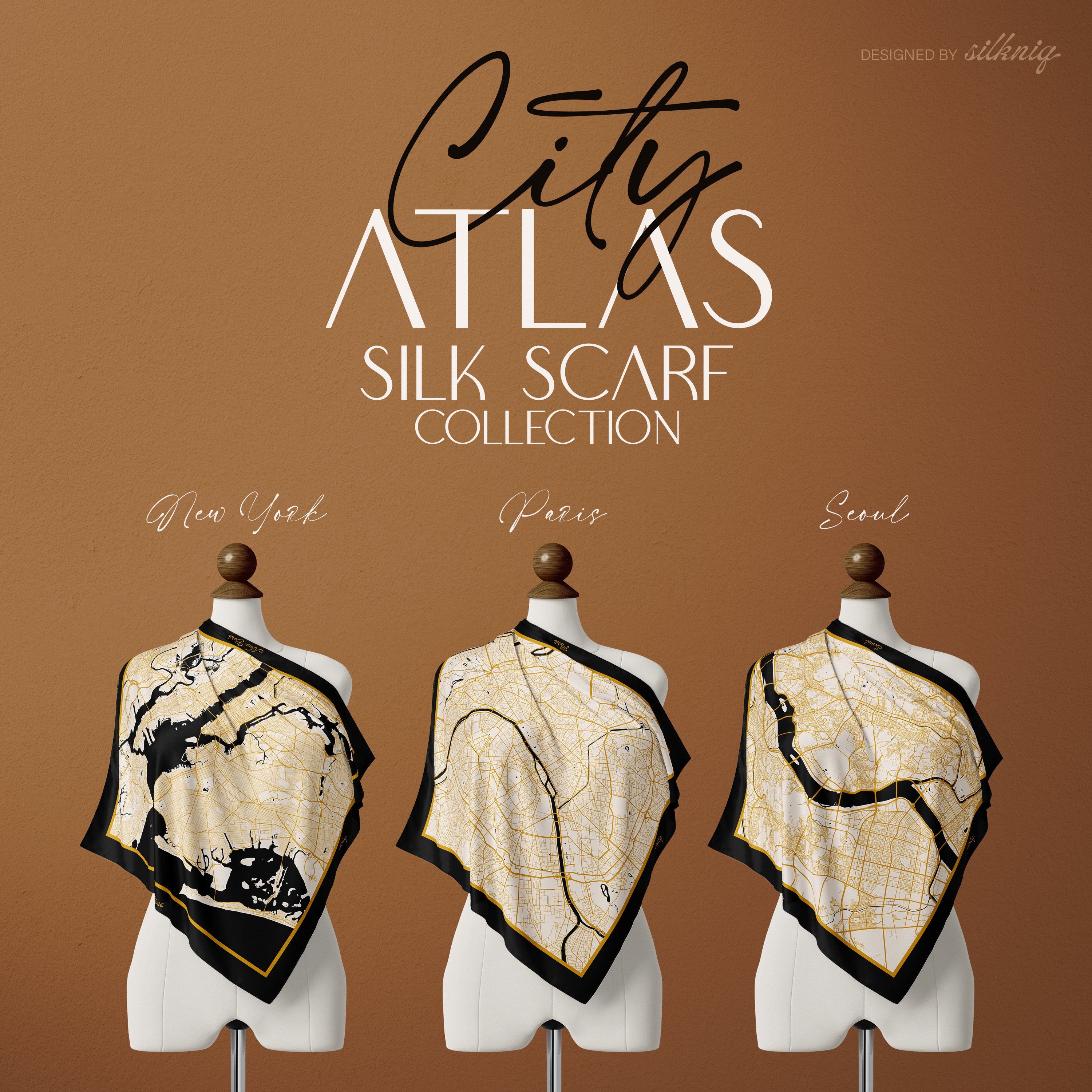 Seoul Atlas Silk Scarf Gold & Black Modern Chic City Map - Etsy