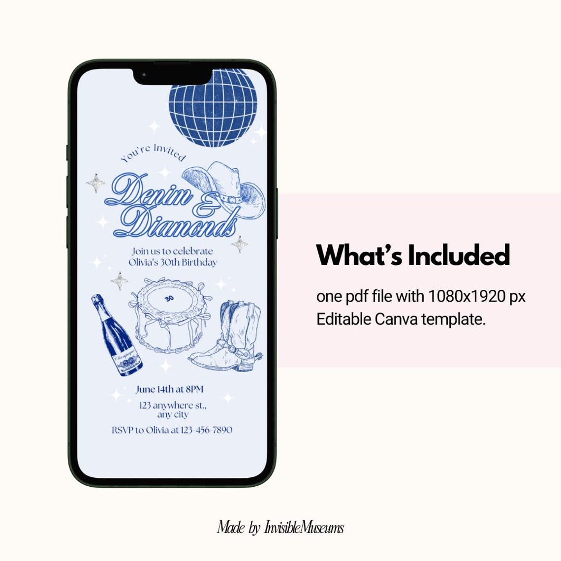 Denim and Diamonds Invitation Hand Drawn, Digital Denim and Diamonds ...