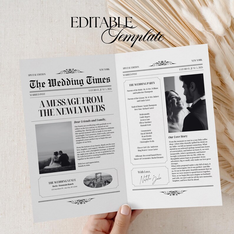 Editable Wedding Newspaper Template, Newspaper Wedding Canva Template ...