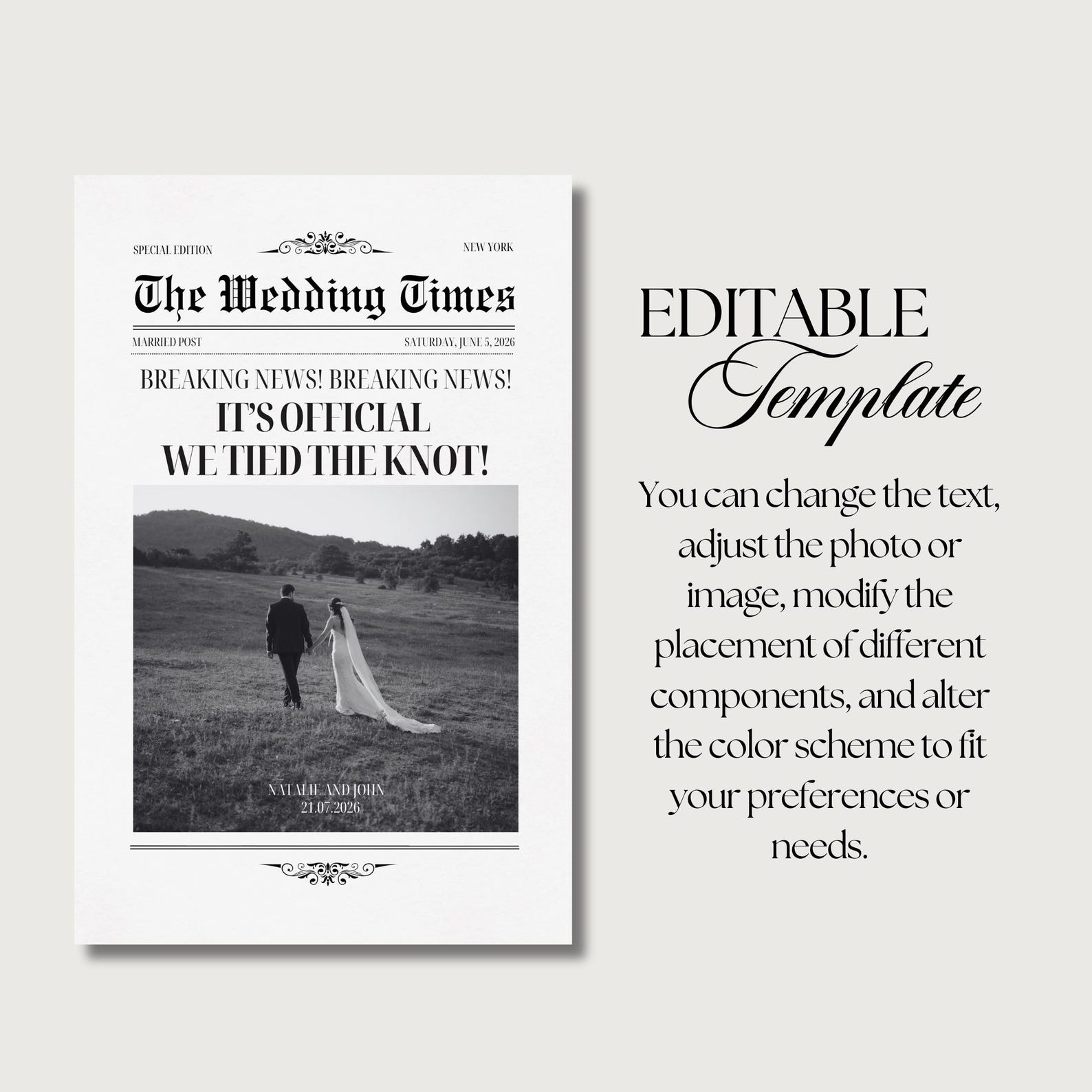Editable Wedding Newspaper Template, Newspaper Wedding Canva Template ...