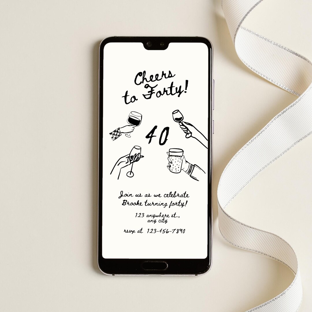 Digital 40th Birthday Invitation, Hand Drawn Cheers to 40 Invitation ...