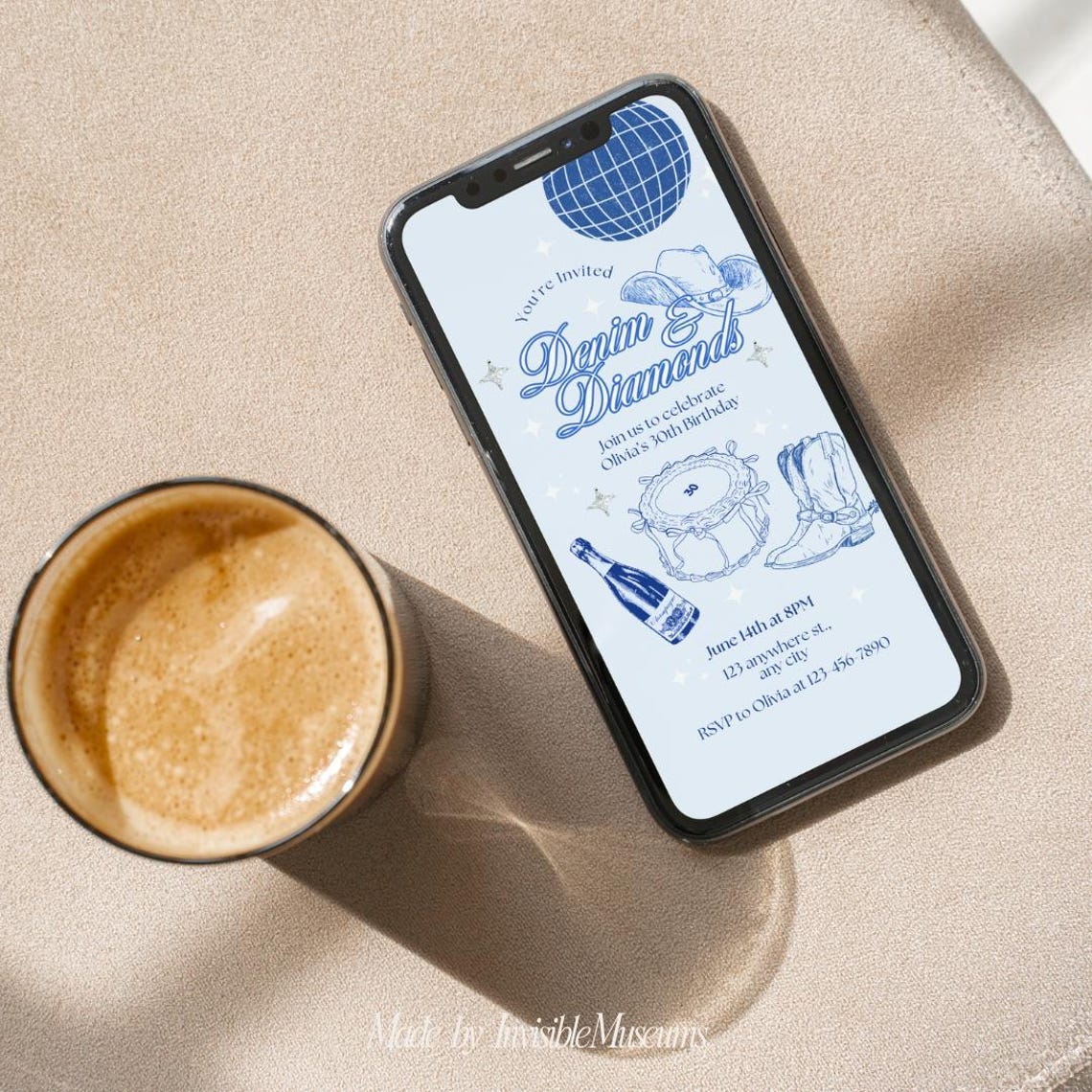 Denim and Diamonds Invitation Hand Drawn, Digital Denim and Diamonds ...