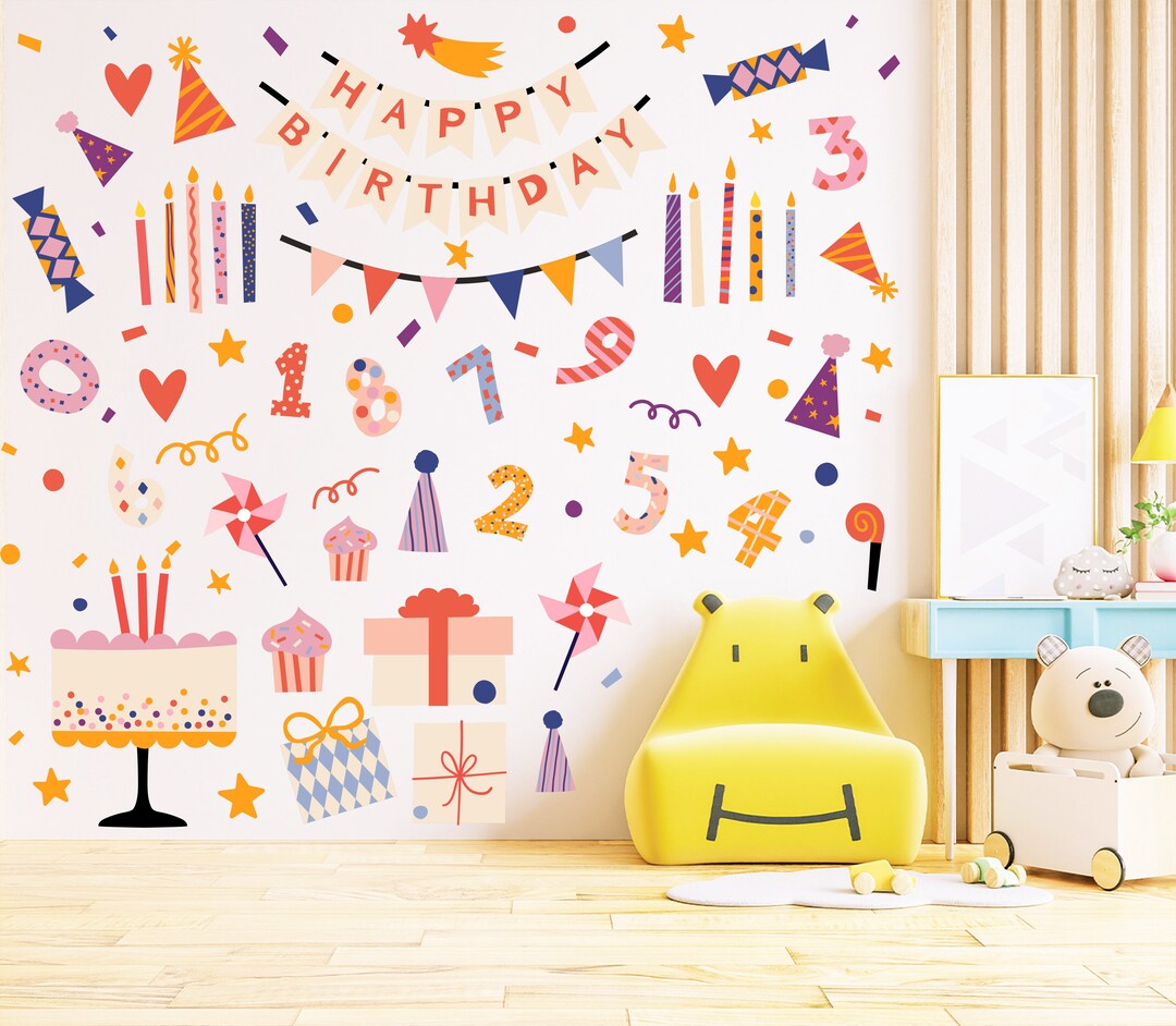 Kids Birthday Wall Stickers, Birthday Decorations, Cake, Candles ...