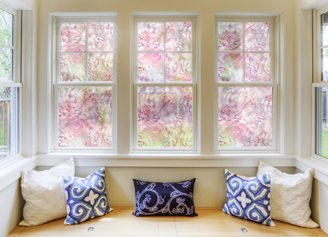 Decorative Pink Window Film, Floral Window Stickers, Privacy Bathroom ...