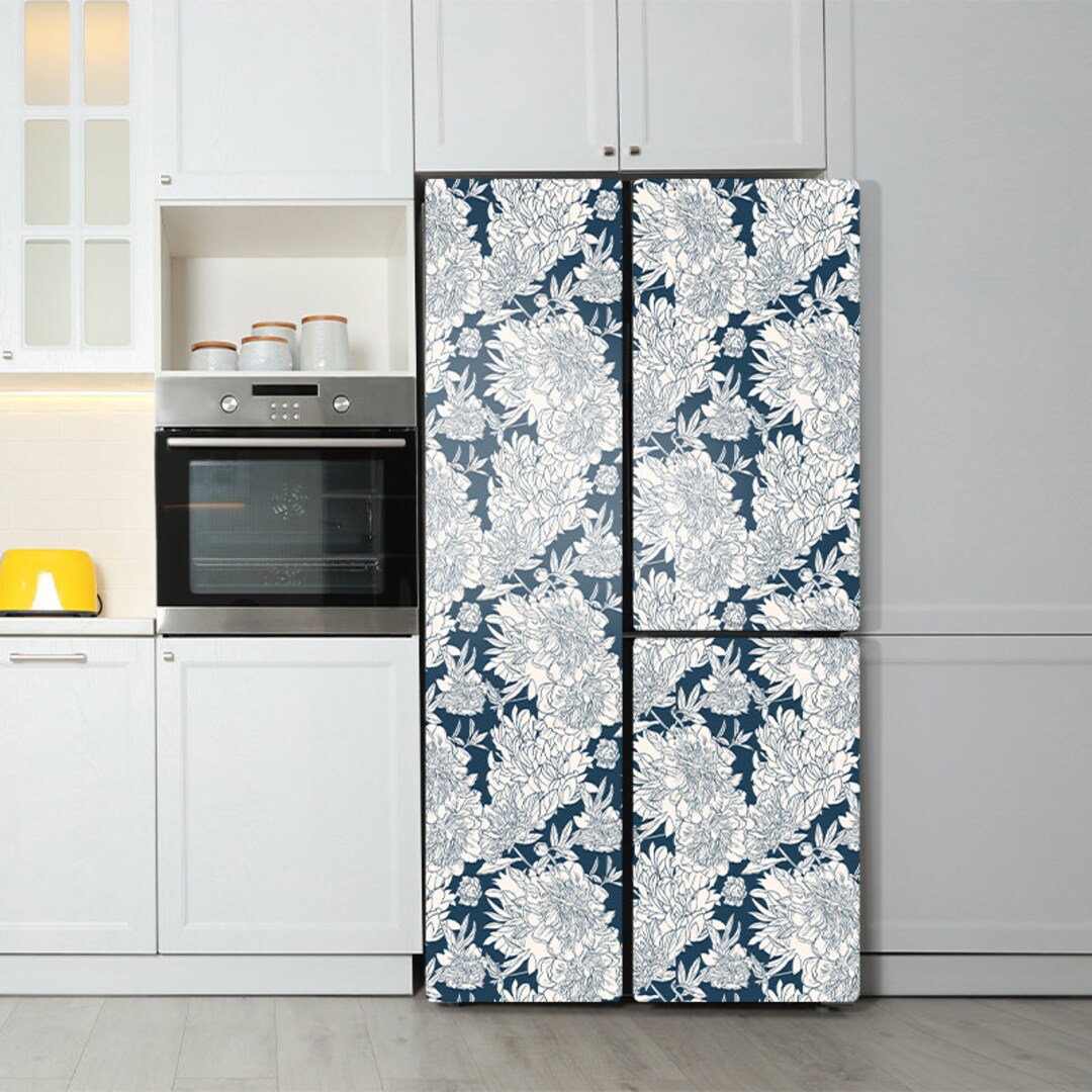 Flowers Fridge Wrap, Floral Refrigerator Door Decor, White Blue Fridge ...
