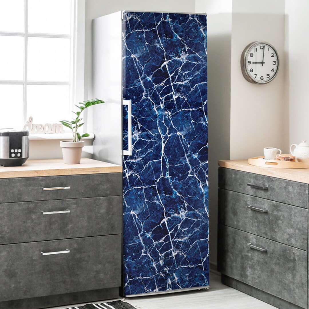 Marble Fridge Wrap, Blue Marble Refrigerator Door Cover, Rock Textured ...