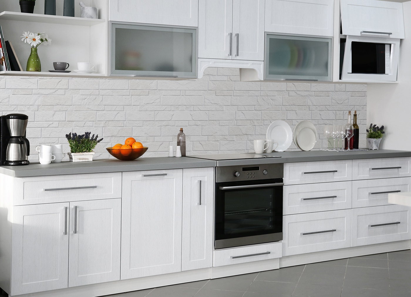 White Bricks Kitchen Backsplash Tile, Vinyl Backplash Panel, Self ...