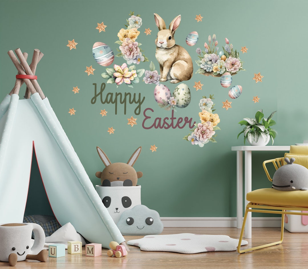 Easter Bunny Vinyl Stickers, Easter Decor Set, Happy Easter, Watercolor ...