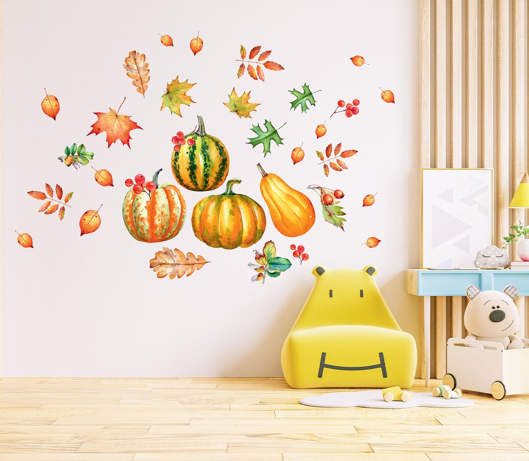 Nursery Wall Stickers Fall Decal Falling Leaves, Pumpkins, Kindergarten ...