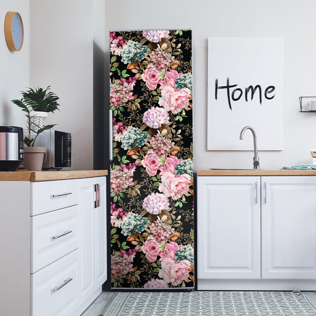 Fridge Wrap Dark Floral Refrigerator Decal Flowers Peony Fridge Vinyl ...