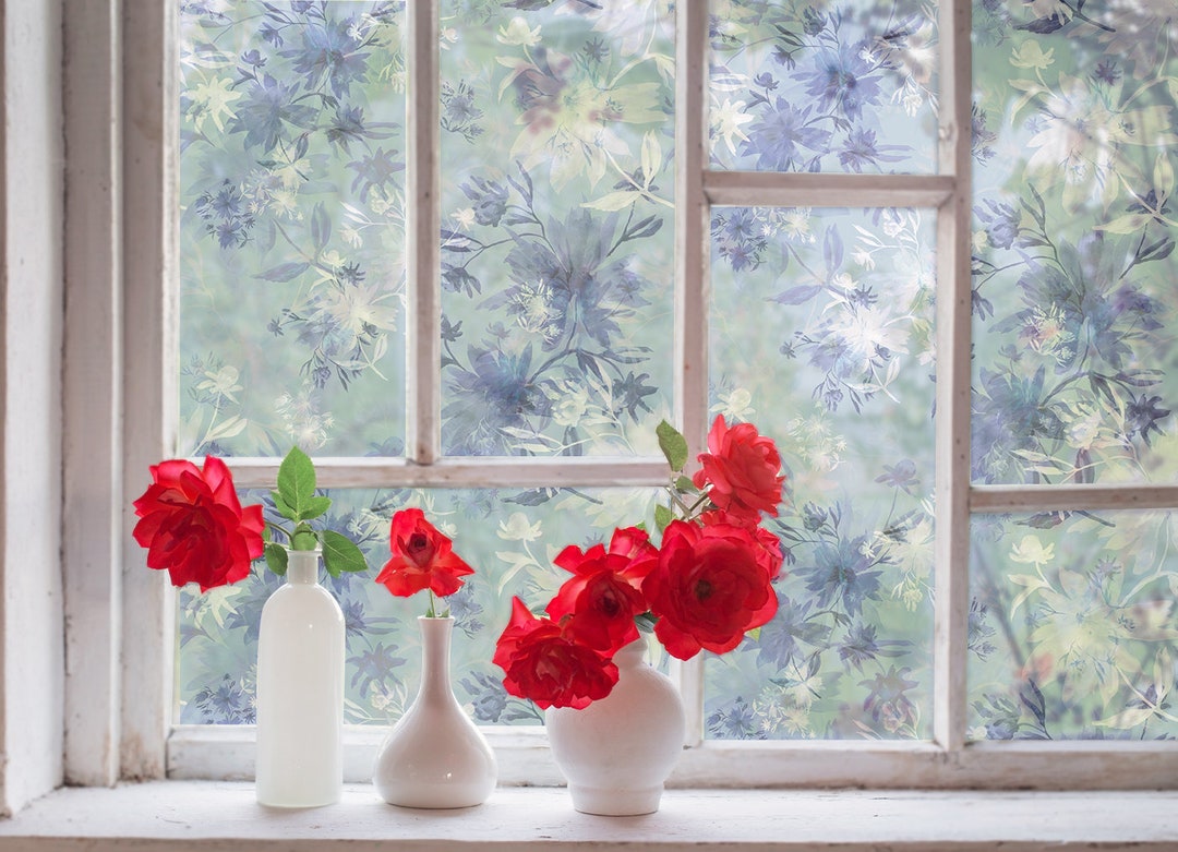 Matte Glass Film Blue Flowers, Private Window Film Floral, Glass ...