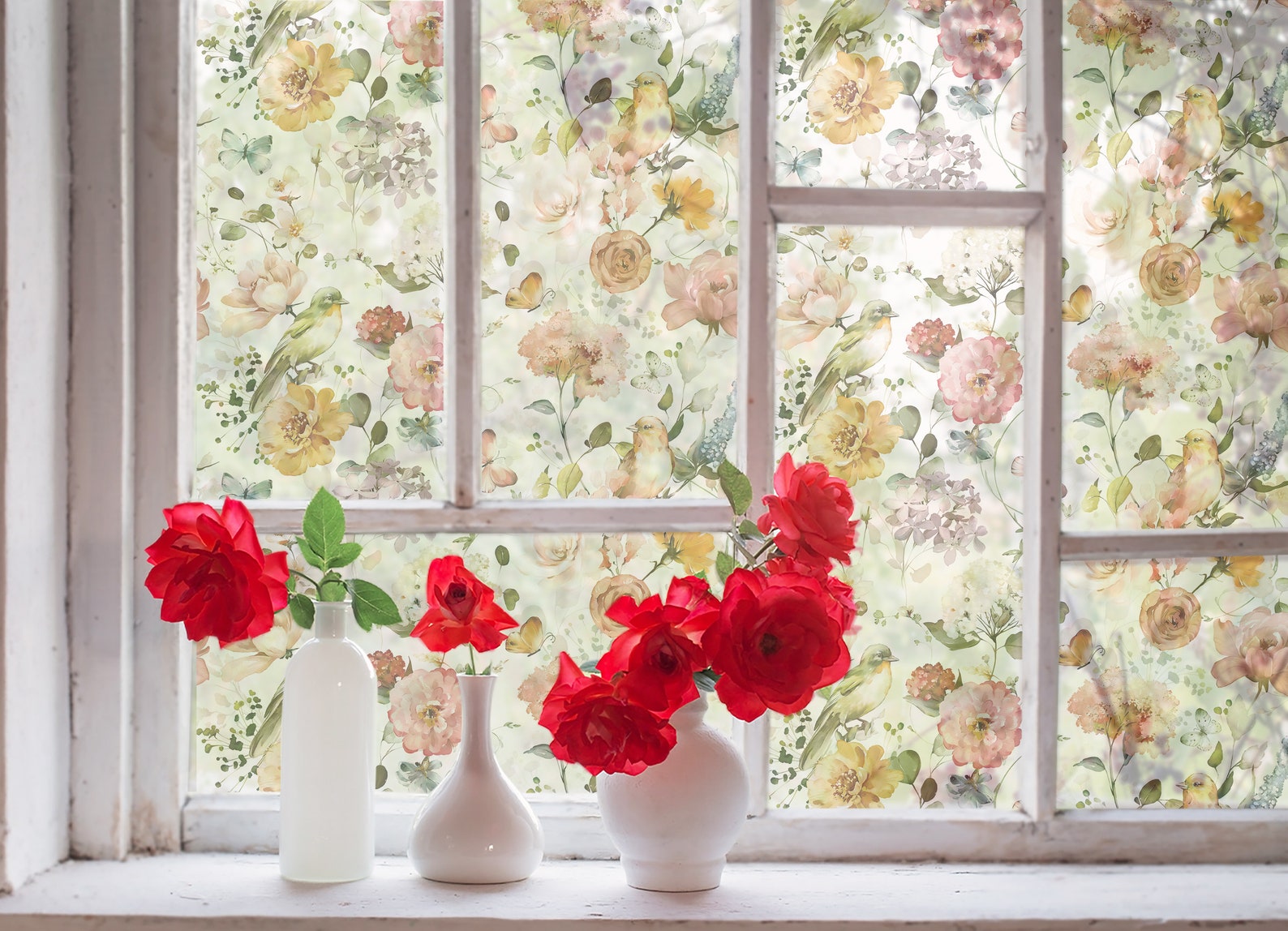 Nature Decorative Window Film, Birds and Floral Window Stickers ...