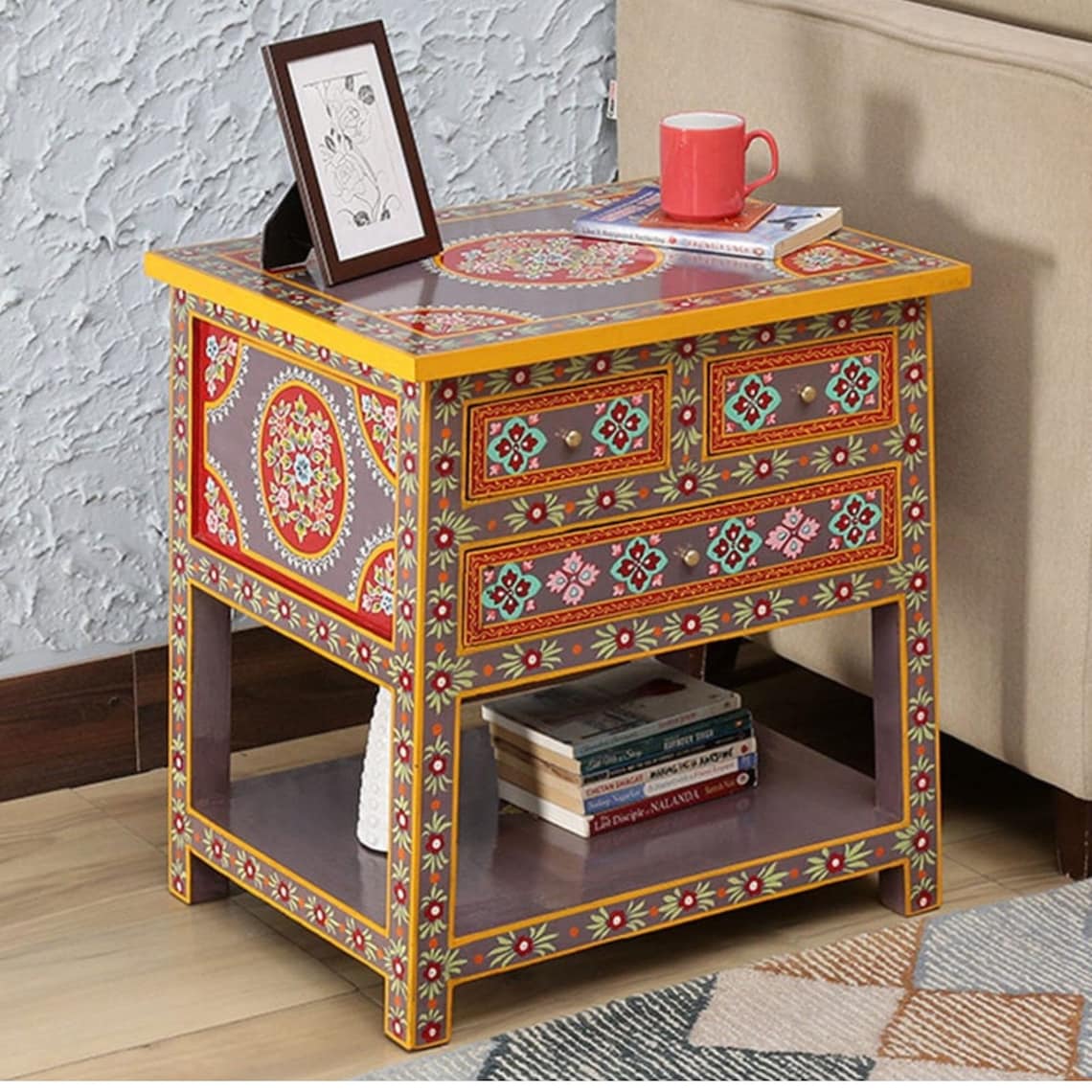 Wooden Drawer-bedside Table Beautiful Painted - Etsy